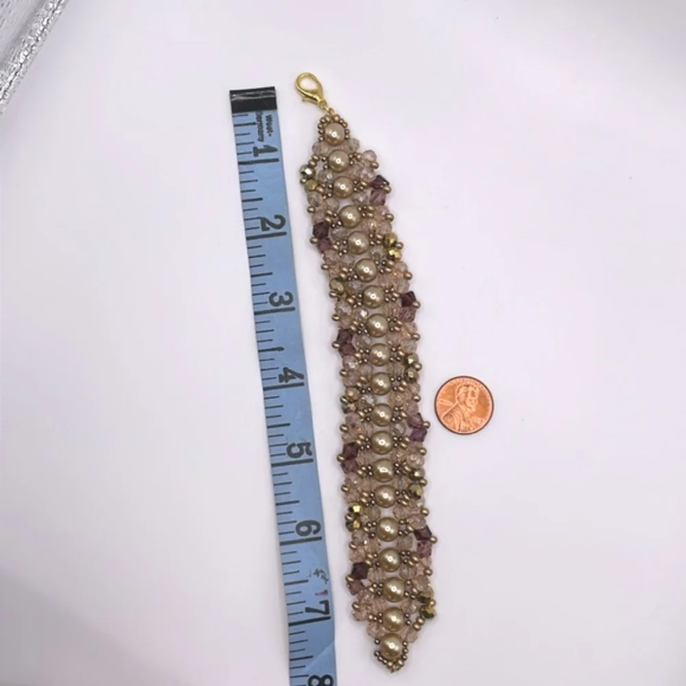 Hand Crafted | Jewelry | Gold Tone Crystal Faux Glass Pearl Wide ...